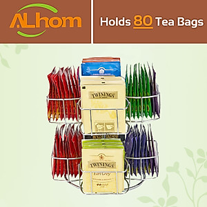ALhom Tea Bag Organizer, Up to 80 Tea Bags Storage, 360-Degree Carousel, Tea Holder Compatible with Tea Bags, Sugar Packet for Counter, Tea/Coffee Station, Guest Room, Mother's Gift, Tea Lovers