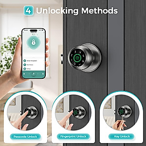 Fingerprint Door Lock - Fingerprint and Keypad Input Smart Door knob, App Controlled Biometric Door Lock, Keyless Entry, Bedroom, Office, Hotel, Apartment Auto Door knob (Satin Nickel)