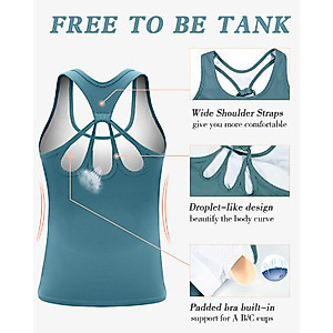 RUNNING GIRL Workout Tops for Women,Strappy Back Blue Tank Top with Built in Bras Basic Yoga Crop Tops Fitted(BX2356 Blue.CN:M,US:S)