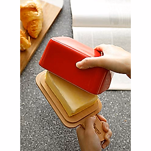 Sweese 323.104 Butter Dish with Lid and Handle, Porcelain Butter Keeper and Extended Wooden Lid, Red