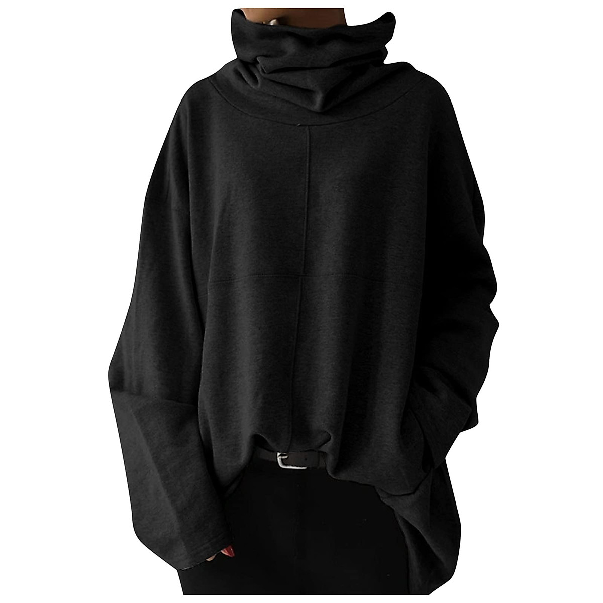 iQKA Women Long Sleeve High Neck Sweatshirt Solid Color Casual Loose Turtleneck Pullover Tops Fall Blouse S-3XL(Black，XXL)