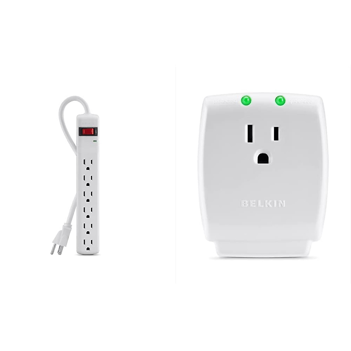 Belkin 6-Outlet Power Strip Surge Protector with 3-Foot Power Cord, 300 Joules (F5C047),White & 1-Outlet Home Series SurgeCube - & Protected Light Indicators for Home White, 1080 Joules