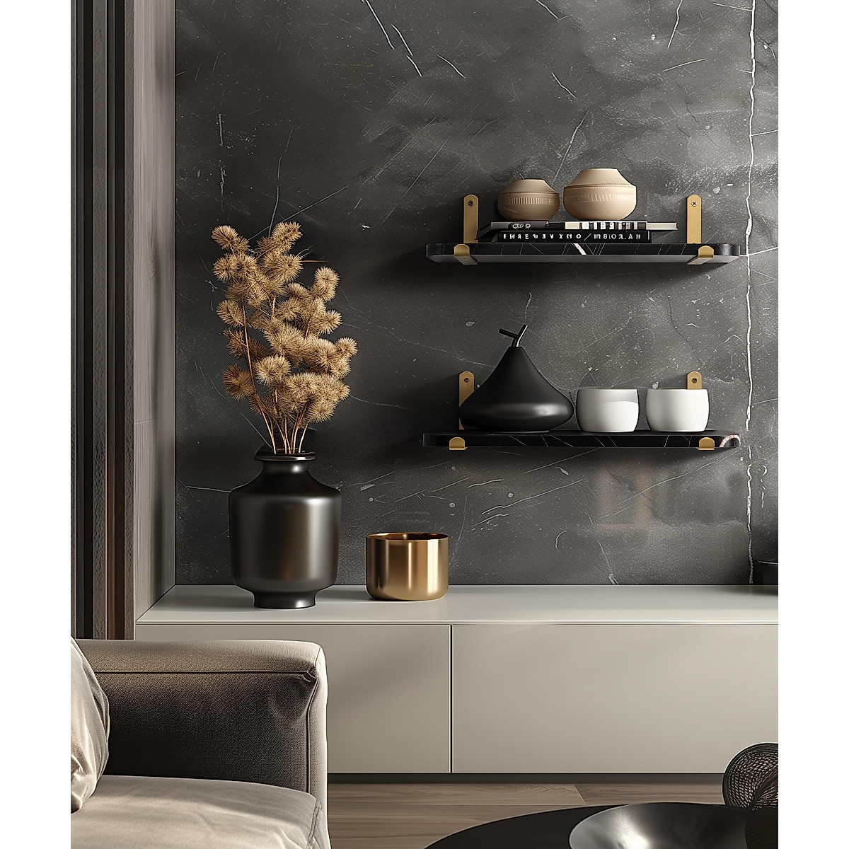 Afuly Black Floating Shelves for Wall, Gold Shelf for Home Decor, 16 inch Wall Mounted Shelves for Living Room Bedroom Bathroom, Modern Luxury Storage Display Marble Shelf