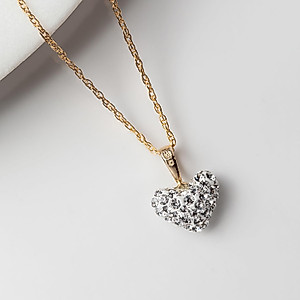 Jewelili Puffed Heart Necklace Pendant 10K Yellow Gold with White Round Cubic Zirconia 18 inch 14K Gold Filled Chain