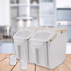 YXQ 25LB Large Flour Storage Container Bin ,2 Pack Airtight Plastic with Wheels Seal Locking Lid Dispenser Organizer Storage Bin with Measuring Cup & Scoop for Flour, Rice, Grain 50LBS Total