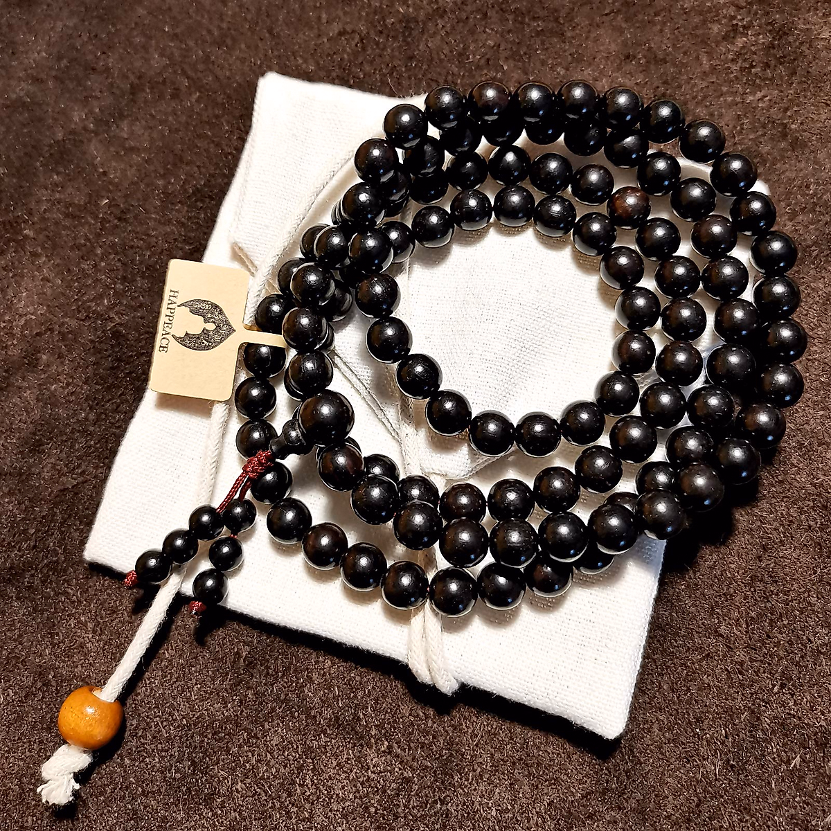 HAPPEACE 8mm Inelastic rope Natural Ebony 108 Mala beads- Tibetan Prayer bead or Meditation