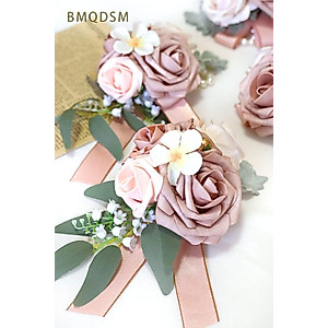 BMQDSM Wrist Corsage for Wedding，Party Prom Hand Flower Decor，Mother of The Bride Corsage，Shoulder Corsages，Bridesmaid Girl Rose Wrist Flower（Set of 4 Dusty Rose