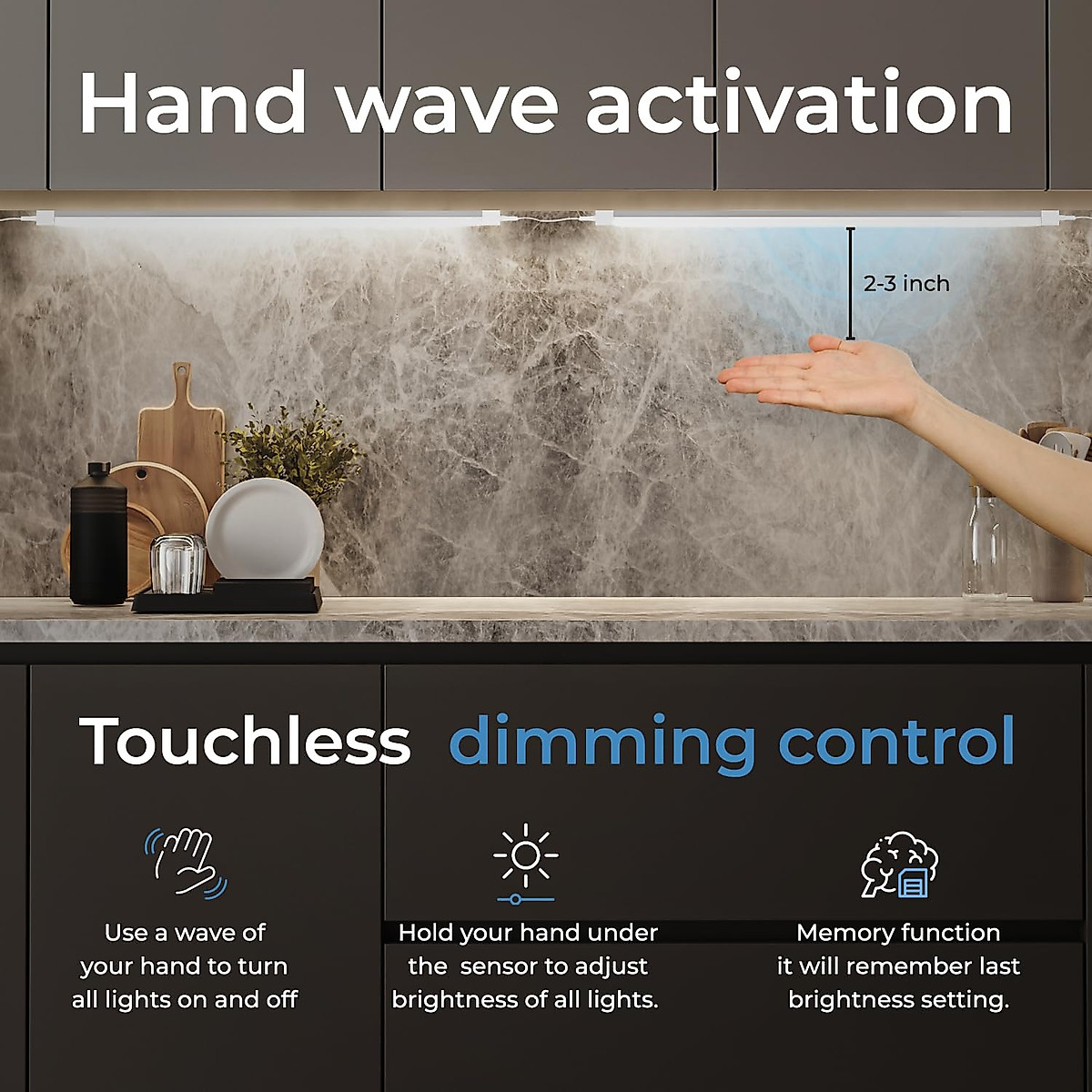 EShine Hand Wave Activated Under Cabinet LED Lighting Kit, Dimmable, 4-Pack 12 in - Touchless Dimming Control, White Under Counter Lights for Kitchen, Garage, Office, Desk - Cool White (6000K)