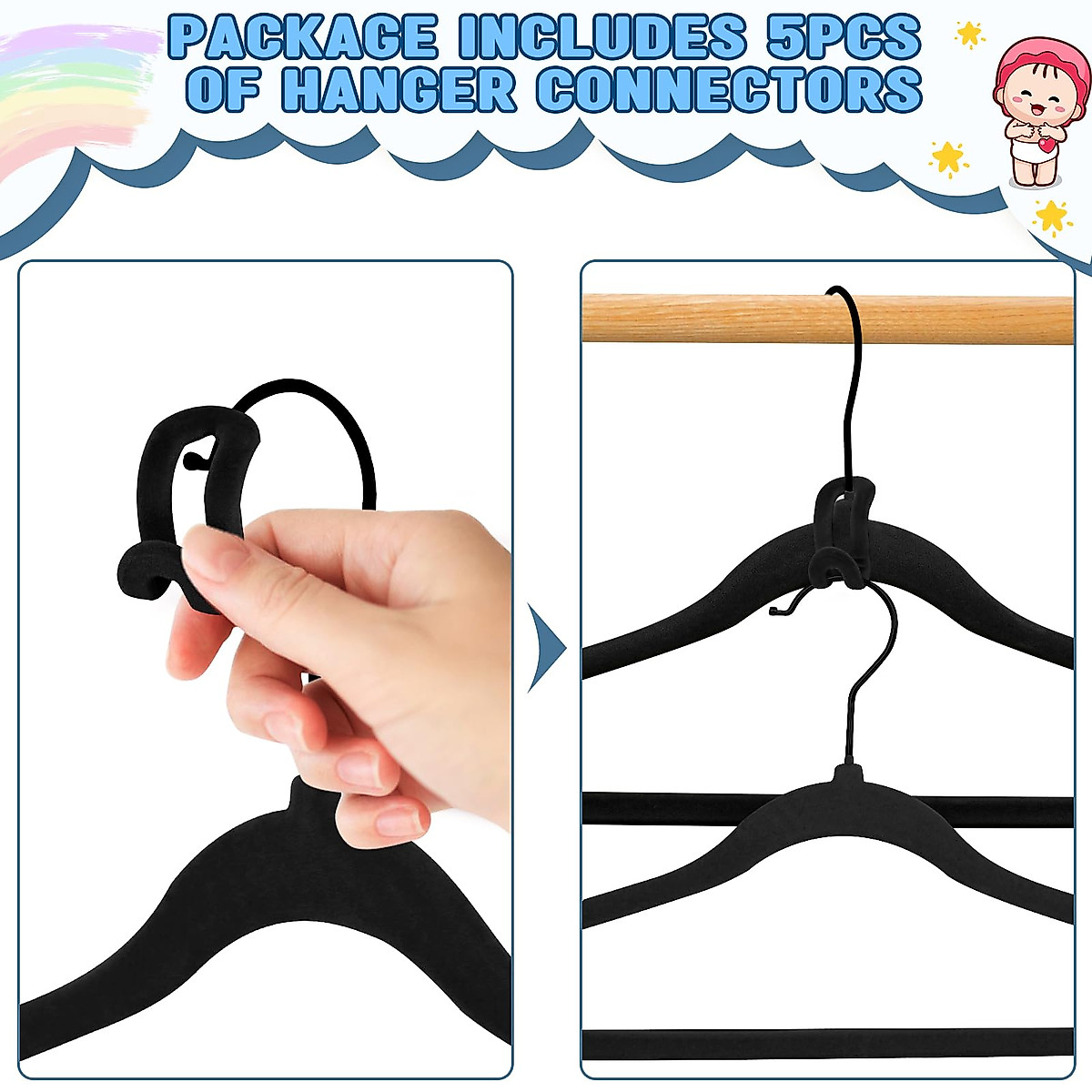 UniqNest Kids Velvet Hangers 20 Pack, 11.8" Non-Slip Felt Hangers with Black Hook, Space Saving Clothes Hangers Flocked Hangers for Coats, Sweaters, Jackets, Pants & Dress Clothes (Black)