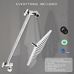 8'' Rain Shower Head with 15'' Extension Arm- 𝟮 𝗳𝗼𝗿 𝟭 𝗖𝗼𝗺𝗯𝗼 Large Surface Fixed Square Shower Head- Extra Long Adjustable Shower Head Extension Arm- Singing Rain Ultimate Shower Experience