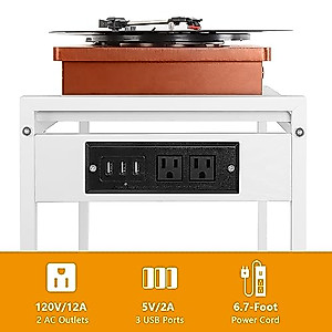 Record Player Stand with Vinyl Storage Night Stand with Power Outlets Vinyl Record Storage Stand On Wheels White Turntable Stand for Living Room Bedroom, Large Capacity, White