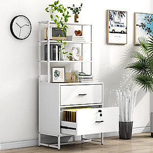 Jehiatek File Cabinets for Home Office with Lock 2 Drawer, Large Vertical Filing Cabinet with Bookshelf, Sturdy, Durable, Easy to Assemble and Clean (White), 25.59'D x 15.75'W x 62'H