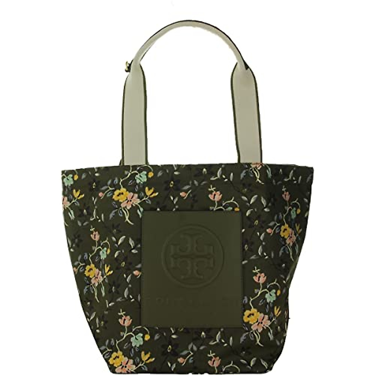 Tory Burch Womens Floral Print Leather Trim Tote Handbag Green Large