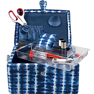 SINGER Large Sewing Basket with Notions & Matching Pin Cushion | Sewing Kit & Storage with Scissors, Tape Measure, Thread, & More (Blue Tie Dye)