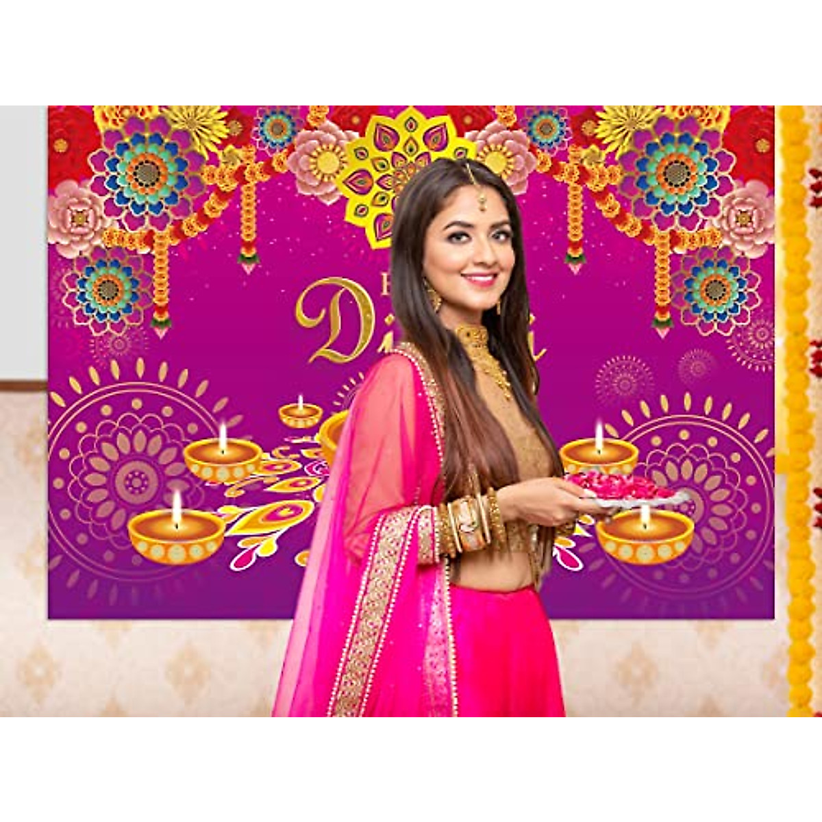 Funnlot Wall Backdrop for Diwali Festival Decorations - 5.9 x 3.2ft Banner for Happy Diwali Photo Booth
