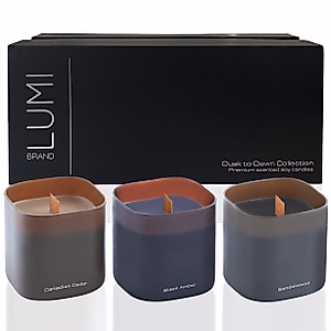 Set of 3 Scented Soy Candles Gift Set | Fall Collection | 3 Scented Candles - Canadian Cedar, Black Amber, and Sandalwood | Crackling Wood Wick | Clean Burn | 50+HR Burn Time, 9.8oz Each