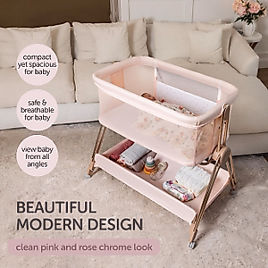 KOOLABABY Baby Bedside Sleeper - Bassinet & Bedside Crib with Height Adjustment & Wheels - Can Be Placed Next to Bed - Attaches to Parents Bed - Easy to Fold & Carry Baby Bed for Girls (Pink)