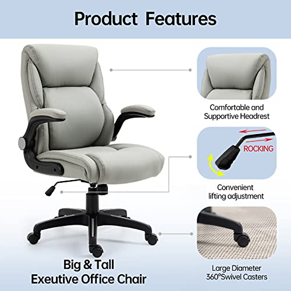 Leather Executive Office Chair- Ergonomic High Back PU Home Computer Desk Chair with Padded Flip-up Arms, Adjustable Height with Thick Seat and Tilt Function for Working Study, Grey