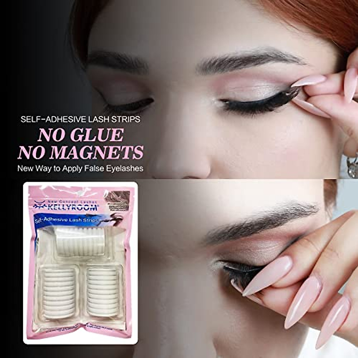 Lash Glue Replacement Self-adhesive Strips 30 Pcs with Applicator, Black Waterproof Self-sticking Lash Strips Suitable for All Strip False Eyelashes, Single Length 35mm, Ideal Way to Apply Fake Lashes