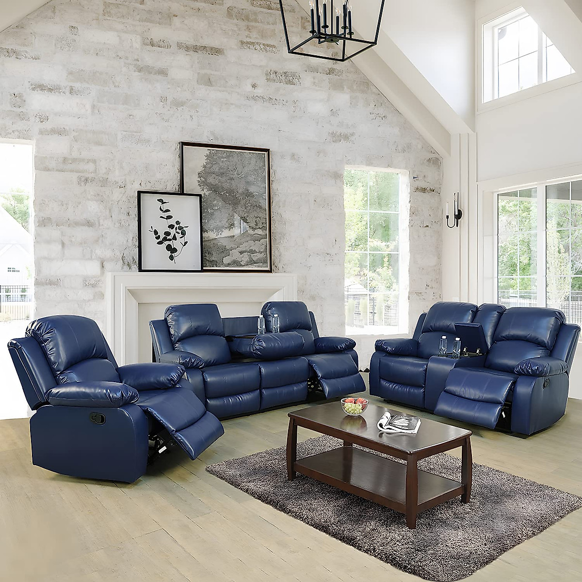 Ocstta Manual Leather Recliner Sofa Set for Living Room Furniture Set,Leather Recliner Couch Set for Home/Office,Leather Couch Set for 3-Pieces(Sofa+Loveseat+Chair) Blue