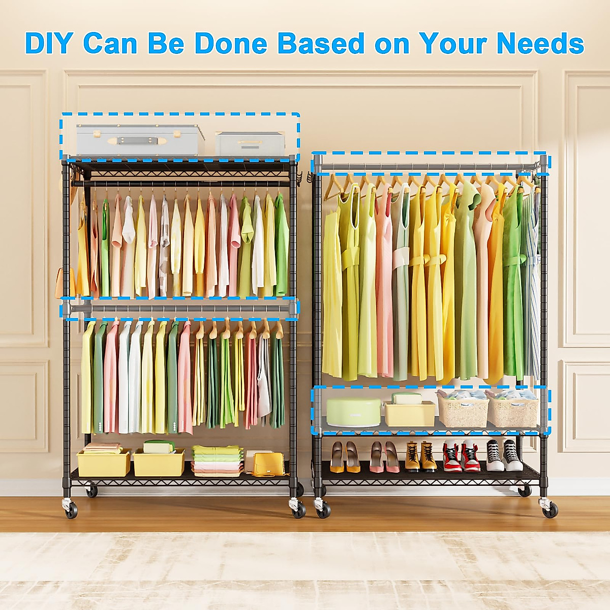 FUTASSI P8 Rolling Clothes Rack，Heavy Duty Clothing Racks for Hanging Clothes，Freestanding Garment Rack with Lockable Wheels，Portable Clothing Rack 45" W x 14" D x 80" H，Max Load 420LBS，Black