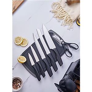 19 Pieces Kitchen Utensils and Knife Set with Block, with 9 Piece Silicone Cooking Utensils Set 5 Piece Sharp Stainless Steel Chef Knives Scissors Whisk Tongs and Cutting Board (19 in 1) (Pink)