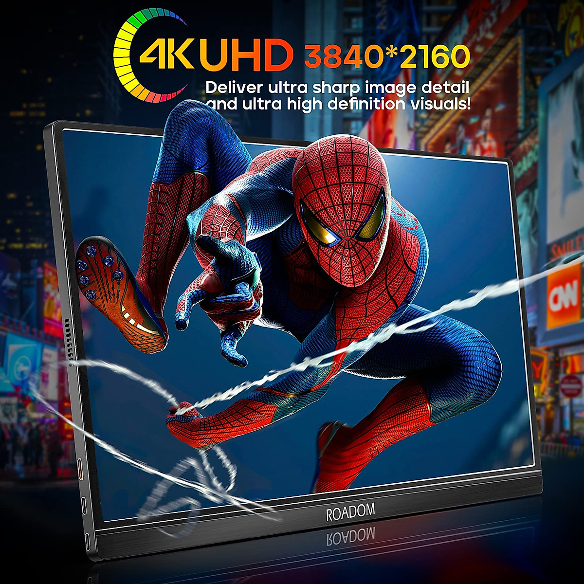 ROADOM 4k Portable Monitor,15.6'' IPS Ultra HD 3840x2160,100% Adobe RGB,500cd/㎡,HDR,Dual Speakers,Smart Cover,Mini-HDMI Dual USB C Portable 4k Monitor for Smartphone/Laptop/Desktop/PS/Xbox/Switch