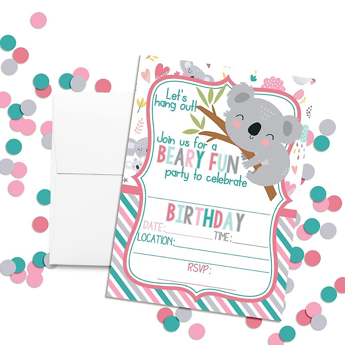 Let's Hang Out Cute Koala Bear Themed Birthday Party Invitations for Kids, 20 5x7 Fill In Cards with Twenty White Envelopes by AmandaCreation