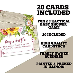 Amanda Creation Watercolor Sunflower, Dahlia, & Peony Floral Diaper Raffle Tickets for Baby Showers, 20 2" X 3” Double Sided Inserts, Bring a Pack of Diapers to Win Favors & Prizes!