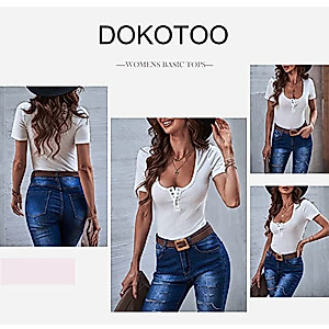 Dokotoo Women's Summer Scoop Neck Button Down Henley T-Shirt - Sexy Low Cut, Slim Fit, Short Sleeve, Casual Stretch Top - White, M