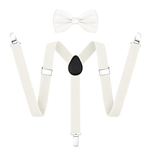 ULEEMARK White Suspenders for Women Adjustable Buckle with Strong Clip White Bow Tie,Elastic Y Shape White suspenders for men for Wedding