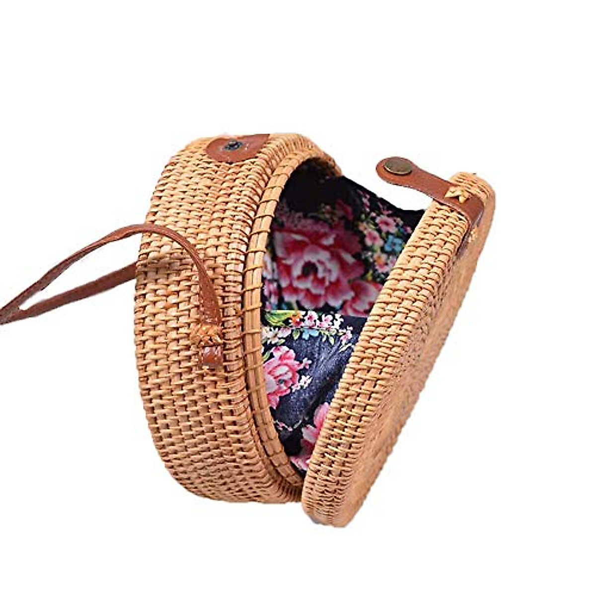 Yunno Handwoven Round Rattan Bag Tropical Beach Style Woven Shoulder Rattan Bag with Leather Strap
