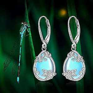Dragonfly Moonstone Earrings for Women Filigree Earrings Teardrop Lever Back S925 Sterling Silver Moonstone Jewelry