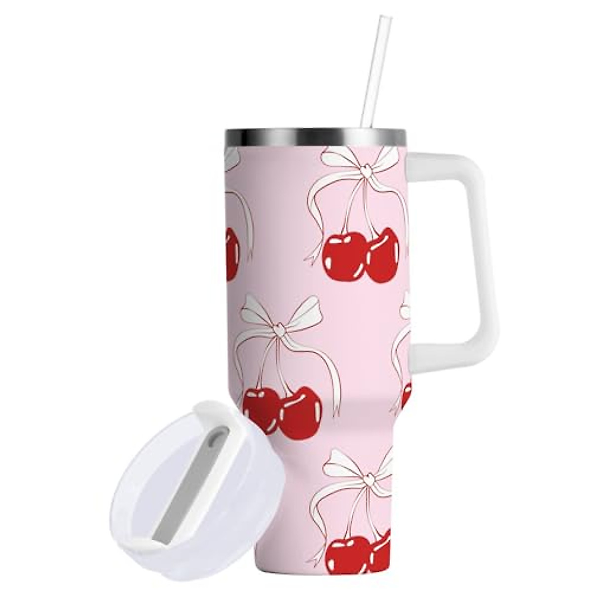 OTVEE 30oz Cherry Bow Tie Ribbon Tumbler with Handle and Straw, Double Wall Vacuum Reusable Stainless Steel Insulated Water Bottle Travel Mug Cup for Hot and Cold Drinks