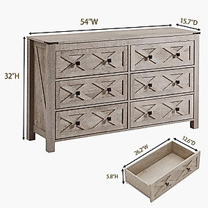 GIAJORYA 6 Drawer Dresser, 54" Wide Wood Chests of Drawers, Double Dresser for Bedroom, Grey Dresser TV Stand Organizers for Entryway, Clothes Dresser, Accessory Storage Cabinet, Light Rustic Oak
