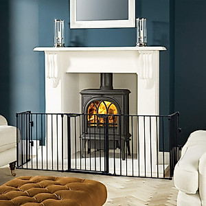 Bonnlo 120 Inches Wide Configurable Baby Gate Fireplace Safety Fence/Guard Adjustable 5-Panel Metal Play Yard for Toddler/Pet/Dog Christmas Tree Fence, Includes 4 Pack of Wall Mounts, Black