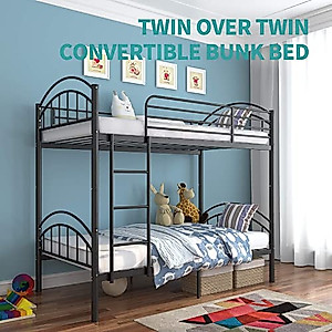Metal Bunk Beds Frame Twin Over Twin, Convertible Into 2 Individual Metal Bed Frame, Removable Ladder & Safety Guard Rail (Twin Over Twin, Black)