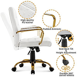 Yaheetech Mid-Back Office Chair PU Leather Desk Chair Adjustable Executive Task Chair w/Lumber Support Gold Leg White Seat