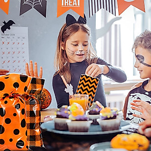 120 Pieces Halloween Cellophane Candy Bags Buffalo Polka Dot Stripes Prints Plastic Goodie Treat Favor Bags with 200 Twist Ties for Winter Holiday Birthday Baby Shower Party Supplies