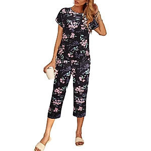 Ekouaer Women's Sleepwear Summer Capri Pajama Sets Short Sleeve Tops with Capri Pants Two-Piece Pjs Lounge Sets Black Flower XL