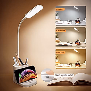 IIOSUYUI Desk Lamp for Home Office, Wireless Charger LED Desk Light with USB Charging Port, 3 Modes Table Lamp with Pen Holder Phone Holder, Desk Lamps for Students Kids
