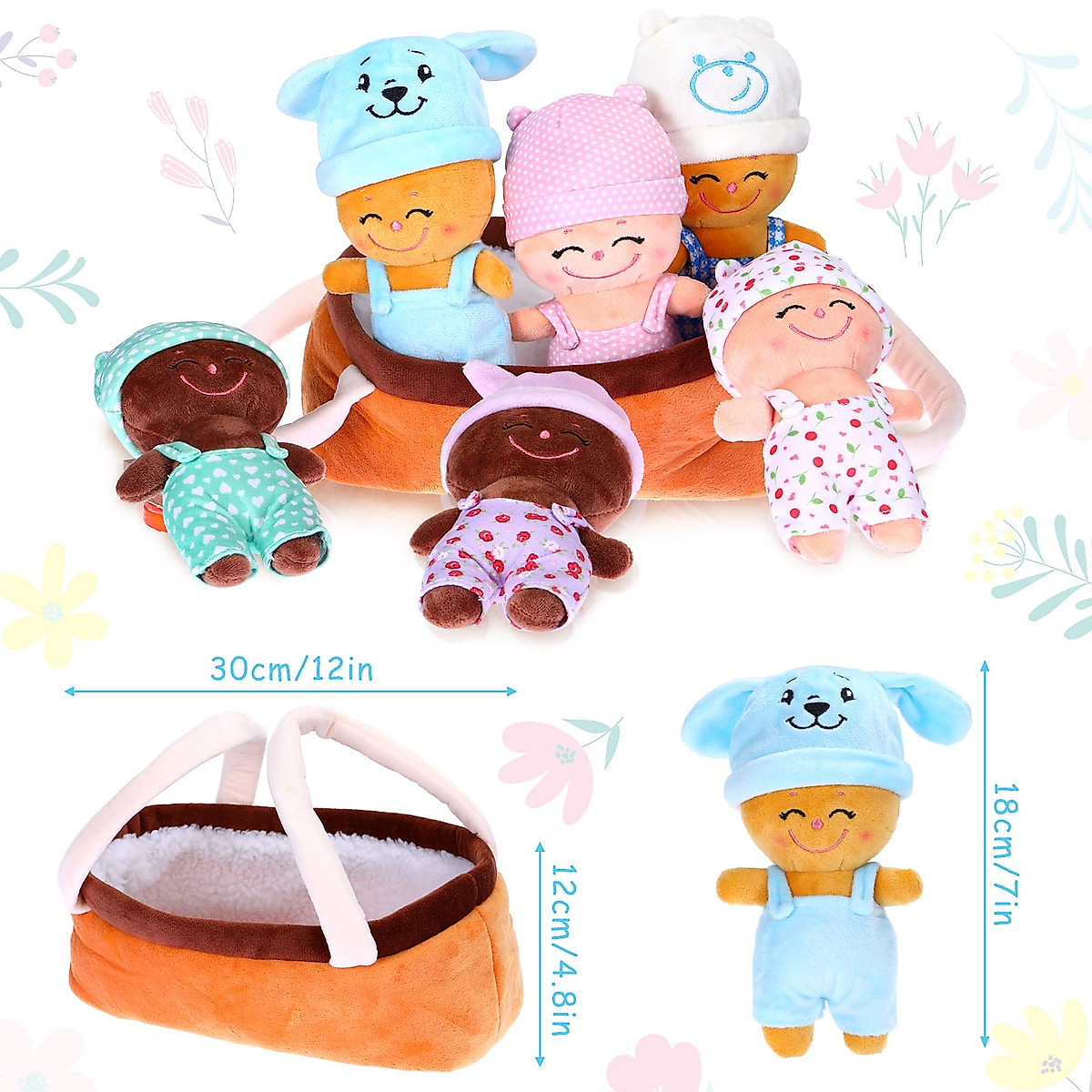 Skylety 6 Pieces 7 Inches Basket of Babies Soft Baby Doll Multicultural Dolls Sensory Plush Diversity Baby Dolls Stuffed Plush Figures for All Ages