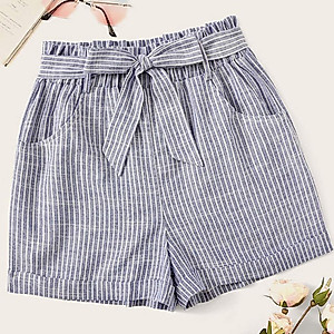 Shakumy Women Casual Elastic Waist Striped Bowknot Shorts Loose Stretch Summer Beach Shorts with Pockets Workout Hot Pants