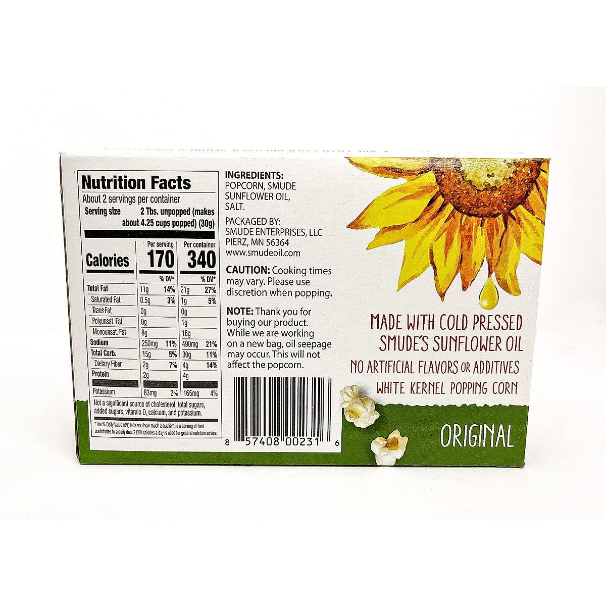 Smude's Brand All Natural Microwave Popcorn - Original | 3 Simple Ingredients – Popcorn, Smude’s Sunflower Oil, & Salt | Healthy Snack, Heart Healthy, Whole Grain | Gluten Free, Dairy Free, Non-GMO, Vegan, Kosher | PFAS-Free Bags | 1 box of 3 bags