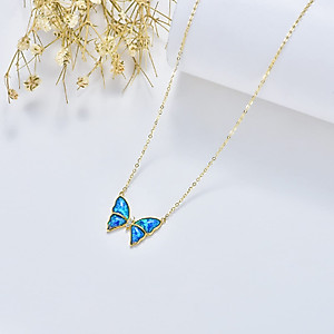 MUUYON 14K Gold Opal Necklace for Women Solid Yellow Gold Blue Opal Butterfly Pendant Necklace with Cubic Zirconia for Ladies Mom Sisters, 16+1+1 Inch