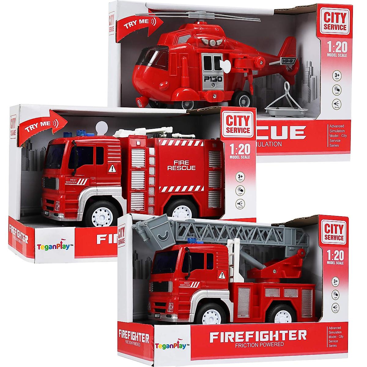 TeganPlay Fire Truck 3 Pack Friction Powered Fire Rescue Vehicle Car Set with Lights and Sounds Including Helicopter, Firefighter and Fire Engine Toys for Boys Toddlers
