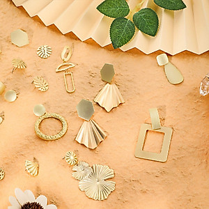 Hicarer 90 Pcs Gold Plated Earring Posts for Jewelry Making Earring Studs with Loop Hole Palm-Leaf Shaped Earring Finding Shell Heart Flower Track Ear Pad Base Posts for Women