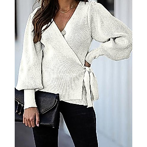 KIRUNDO 2023 Women's Fall Winter Wrap V Neck Sweater Balloon Sleeves Ribbed Knitted Pullover Tie Front Tunic Top Jumper(Small, Beige)