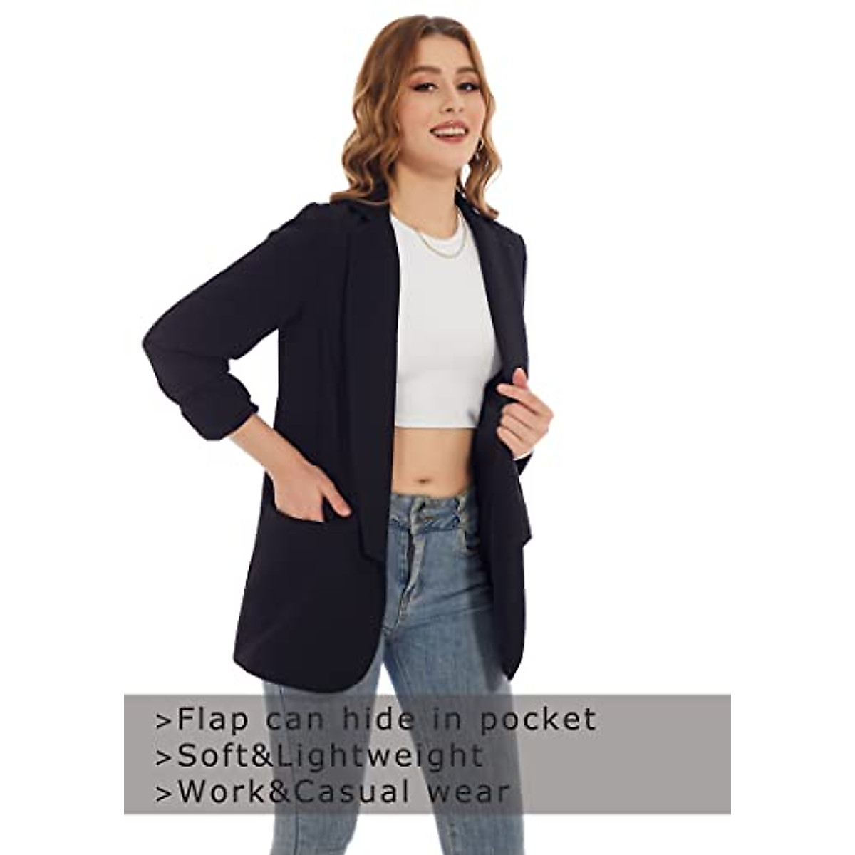 Black Blazers for Women Business Casual Lined Summer Blazer for Women Lightweight Ruched 3/4 Sleeve Open Front Work Office Light Fitted Suit Blazer(L)