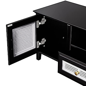 LZ LEISURE ZONE Farmhouse Rattan TV Stand for TVs up to 65", Boho Style Entertainment Center with Gold Metal Handles, Modern TV Console Table with Drawers and Cabinets for Living Room, Black